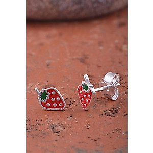 Sterling Silver Small Womens Fruit Red Strawberry Push Back Stud Earrings - Fruit Gifrts For Ladies Mom Wife 0.31in