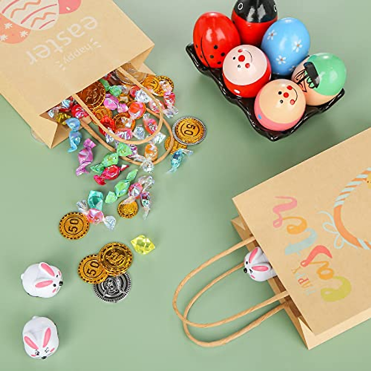 TOXOY Easter Kraft Gift Bags,18PCS Easter Paper Bags with Handles Easter Goodie Bags Bulk Easter Party Favor Bags for Candies Cookies Toys