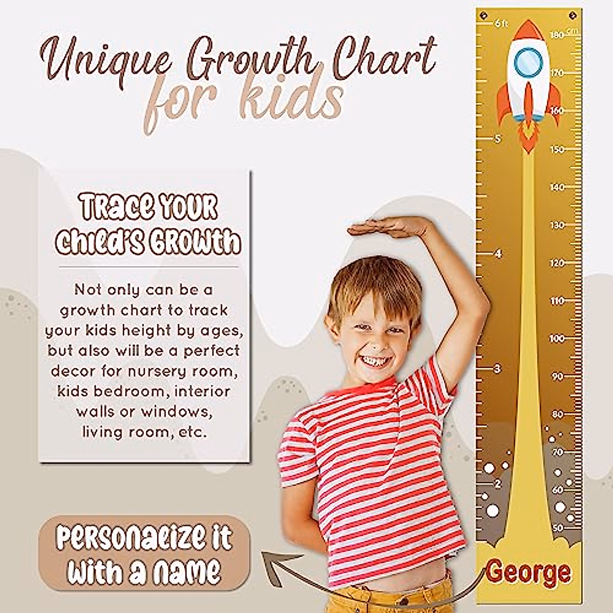 Personalized Kids Growth Chart - 12 Designs, 13oz Vinyl Height Measurement ft. cm, inches Chart for Toddlers - Ruler for Kids