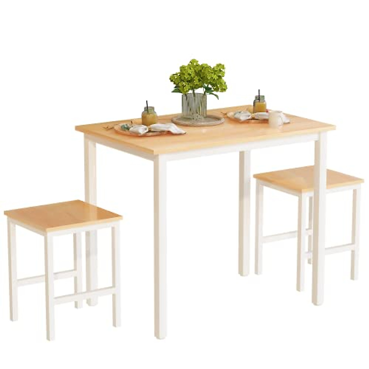 Recaceik 3 Piece Dining Table Set, Modern Bar Table Set w/ 2 Stools Kitchen Table Set for 2 Compact Design Kitchen Bar Table and Chairs for Dining Room, Living Room, Apartment, Small Space (Beige)