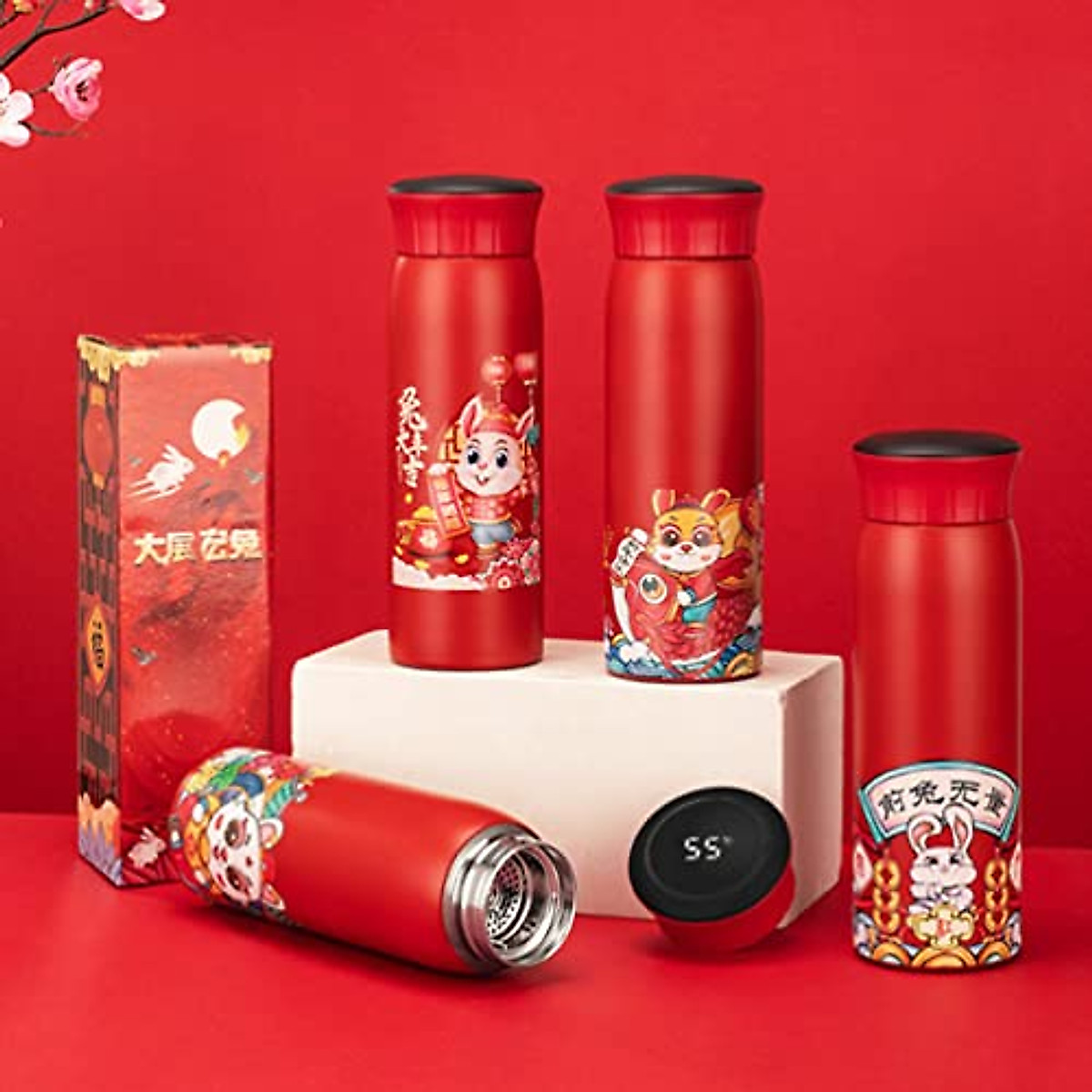 NOLITOY Insulated Water Cup 2 Pcs Stainless Steel Water Bottle Vacuum Insulated Water Bottle Cartoon Rabbit Travel Coffee Mug Thermal Tumbler for 2023 New Year Gift Red