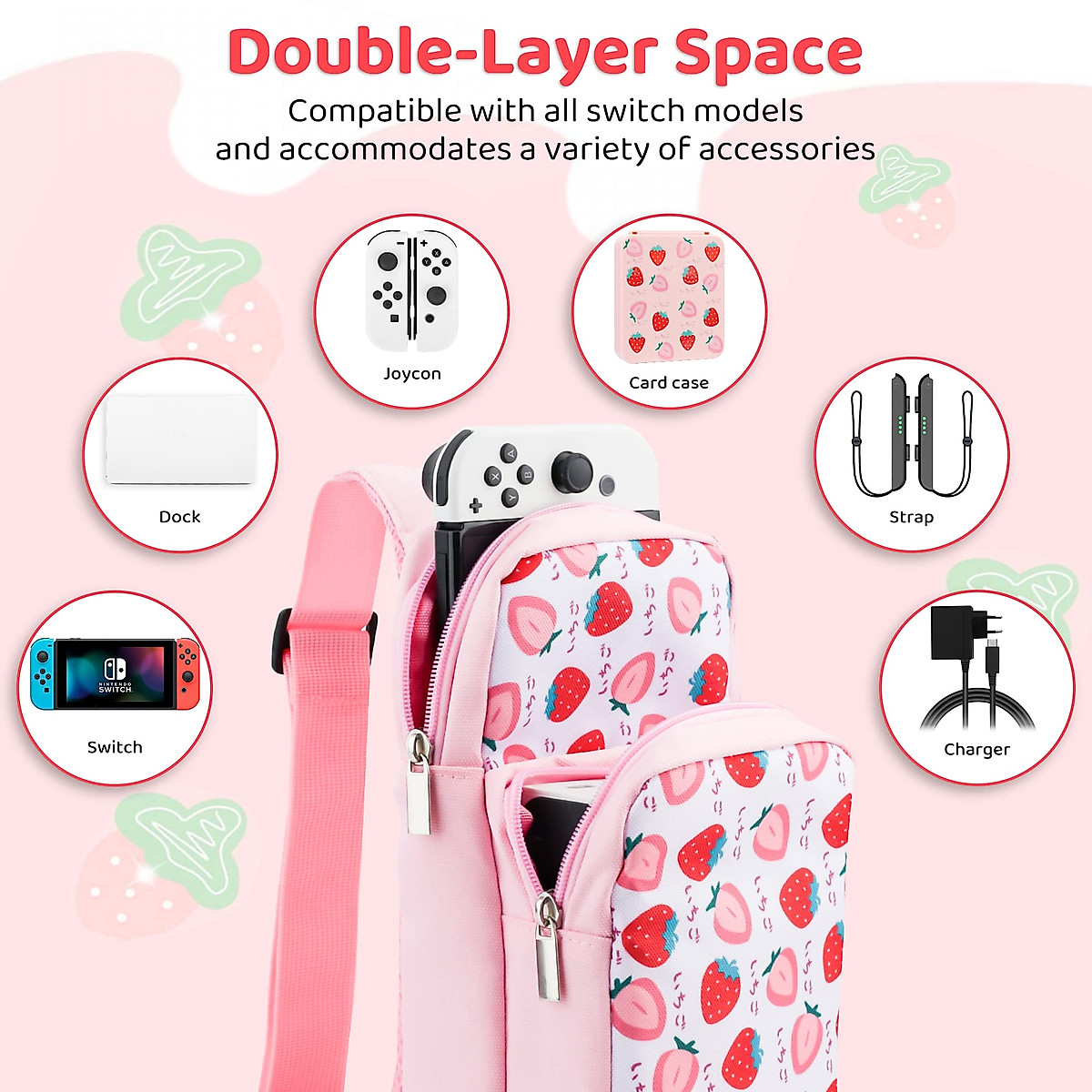 RHOTALL Pink Travel Bag for Nintendo Switch/Lite/OLED,Large Capacity Portable Carrying Case Compatible for Chest Shoulder Accessories Storage Backpack with12 Slots Game Case,Thumb Grip Caps-Strawberry