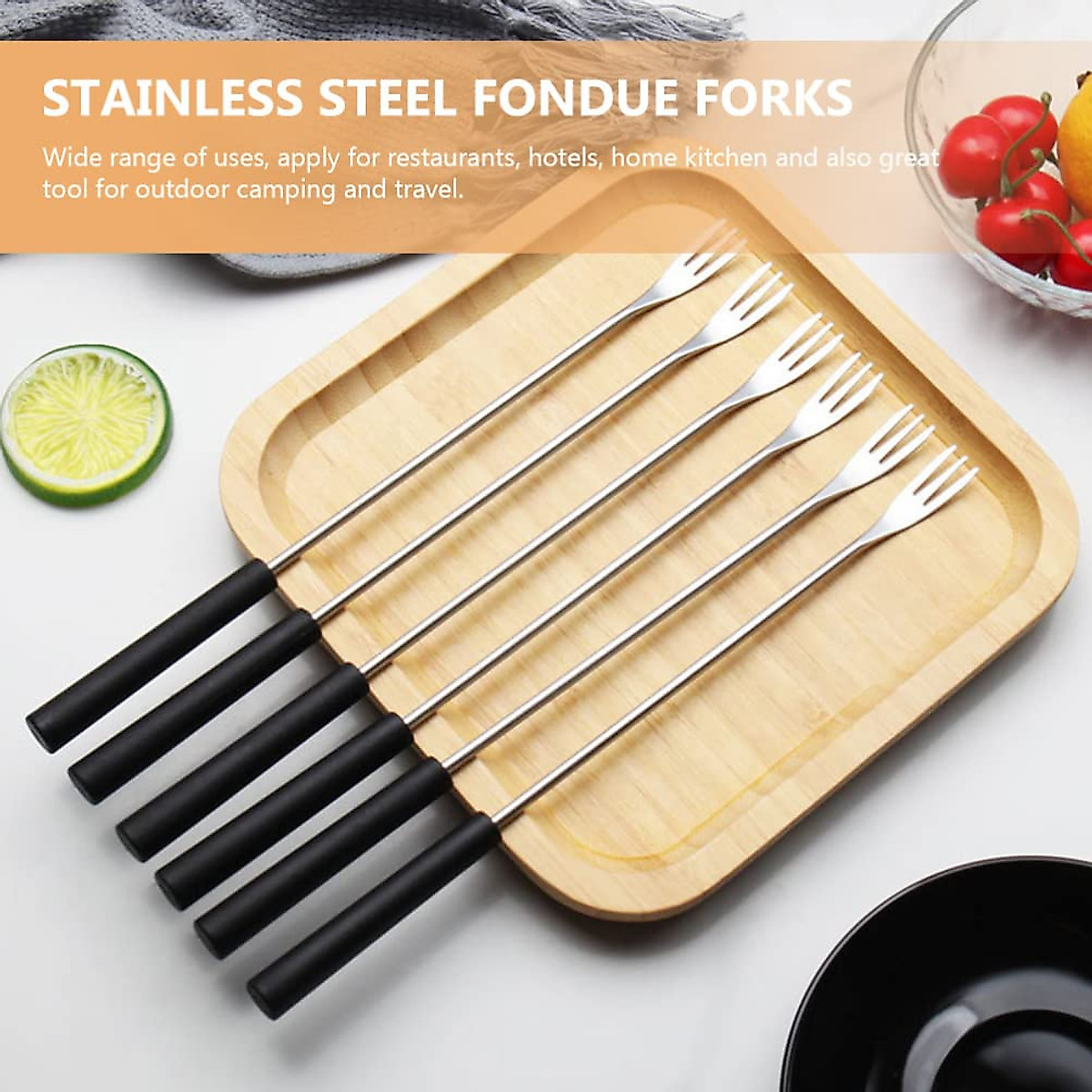 Hemoton Stainless Steel Fondue Forks: Kabob Skewer BBQ Forks Roasting Sticks Cheese Fondue Forks For Sausage Hot Dog Campfire Camping Stove Grill Black 6Pcs