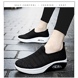 Cubicbee Women's Platform Walking Shoes Breathable Mesh Air Cushion Sneakers,Orthopedic Diabetic Walking Shoes,Casual Comfort Slip-On Beach Shoes (Black-1,9)