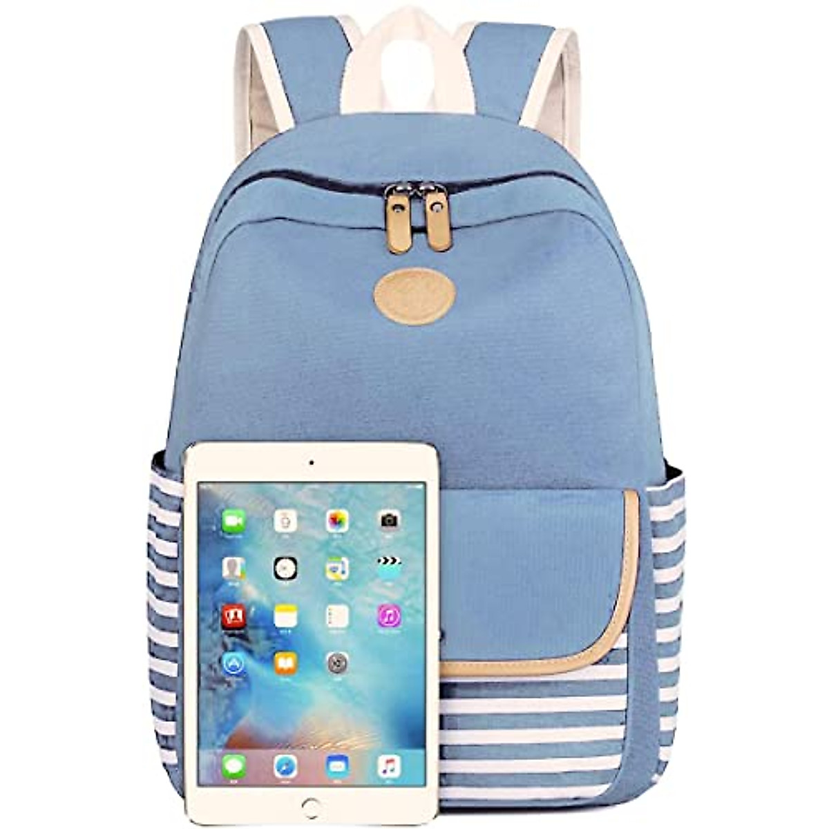 Createy 4 Pcs Canvas Backpack for Girls School Bag Kids Bookbags Teen Backpack Travel Daypack Stripe Backpack with Lunch Box and Pencil Case