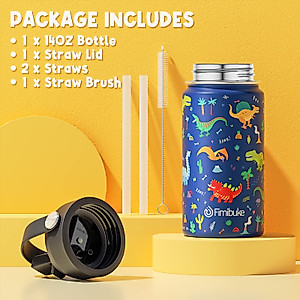 Fimibuke Kids Insulated Water Bottle, 14oz BPA FREE 18/8 Stainless Steel Travel Tumbler Double Wall Vacuum Leak Proof Kids Cup with Straw Metal Bottle for School Boys Girls(1 Pack, BLUE DINOSAUR)