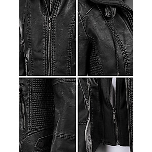 Lock and Love LL WJC1044 Womens Faux Leather Quilted Motorcycle Jacket with Hoodie L BLACK