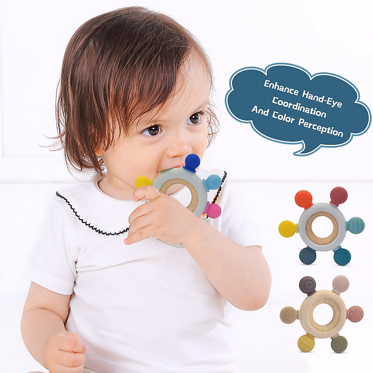 Baby Teething Toys Silicone Chewable Teethers BPA Free Silicone Rudder with Removable Wooden Ring for Soothing Babies Gums Teethers for Babies 0-24 Months (Beige,6 Directions)