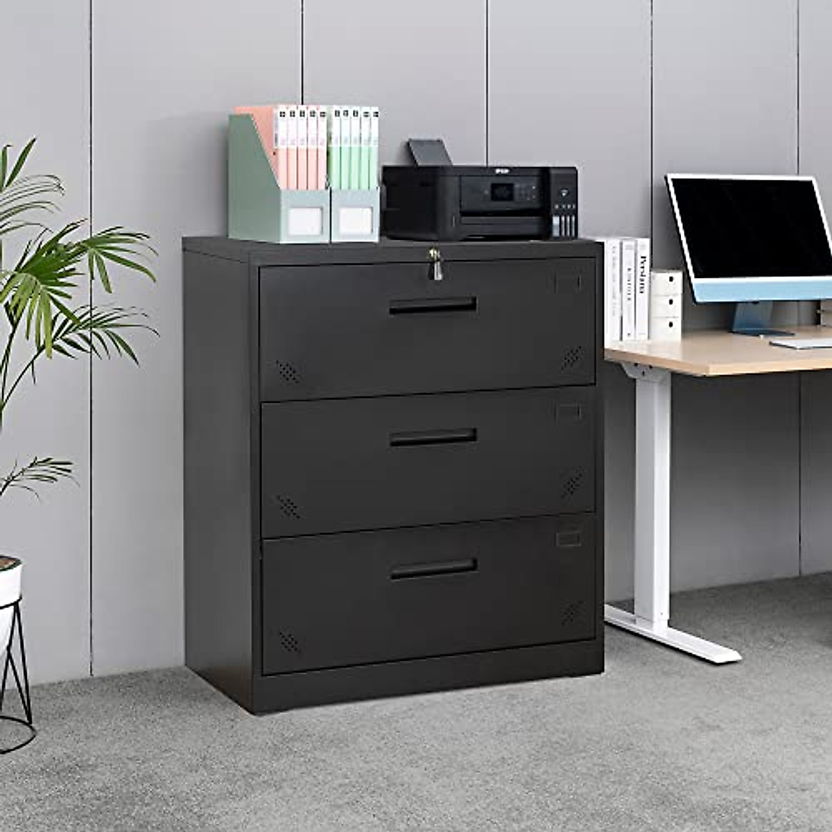 Yone jx je 3 Drawer Lateral Filing Cabinet for Legal/Letter A4 Size, Large Deep Drawers Locked by Keys, Locking Wide File Cabinet for Home Office, Metal Steel (Black)