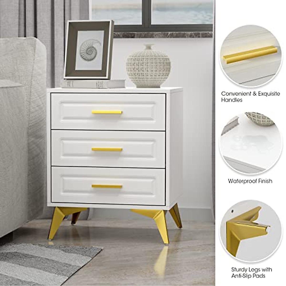 Giluta 3 Drawers Nightstand, Modern Bedside Table with Solid Metal Legs & Handles, White Gold Wood Chest of Drawers, Sofa End Side Table for Bedroom Living Room Hallway, 15.75" D x 19.7" W x 24" H