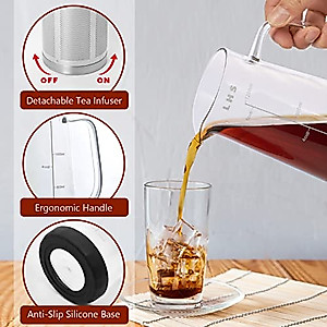 Cold Brew Coffee Maker 2 in 1 Iced Coffee Maker, Glass Pitcher with Lid- 1.2Liter / 40oz, Stainless Steel Filter Removable and BPA-Free Glass Carafe for Iced Coffee, Cold Brew Tea, Juice