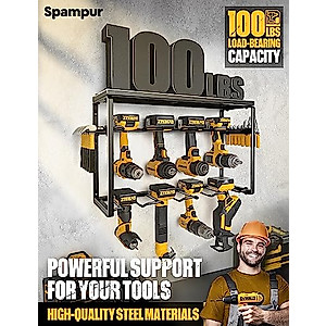 Spampur Power Tool Organizer, 8 Drill Holders Wall Mount, 3 Layer Heavy Duty Metal Storage for Garage Organization, Tools Storage with Hooks, Screwdriver Hammer Holder, Father's Day Men Gifts