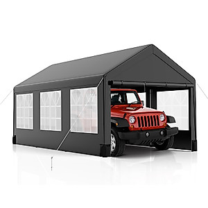 GarveeLife Carport 10x20 FT Heavy Duty Carport with Roll-up Ventilated Windows, Portable Garage with Removable Sidewalls & Doors for Car, Truck, Boat, Car Canopy with All-Season Tarp