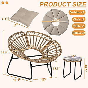 NALONE 3 Pieces Bistro Set Wicker Patio Conversation Set, All-Weather Acapulco Chairs with Tempered Glass Table, 2 Cushions and Pillows, Woven Rope Chair Furniture Set Ideal for Garden, Deck, Backyard
