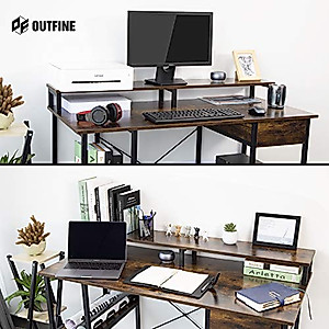 OUTFINE Desk Computer Desk Office Desk with Drawer, Monitor Stand and Storage Shelves
