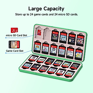 JINGDU 24-Slot Switch Game Card Case Compatible with Switch Game & micro SD Cards, Hard Shell, the Cute Games Holder Organizer Suitable for NS, Lite & OLED Game Card, acnh Leaf