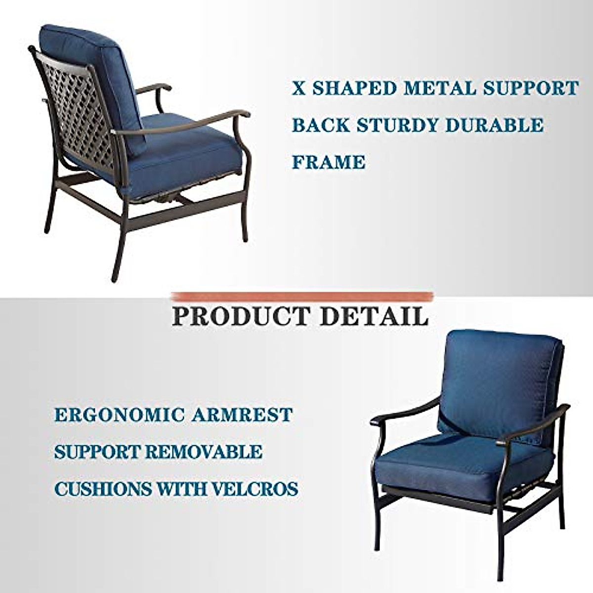 Festival Depot 4pc 4 Seats Patio Conversation Outdoor ArmChairs Loveseat Set with Coffee Table Fabric Metal Frame Furniture Garden Bistro Seating Thick Soft Cushions (Blue)