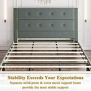Feonase King Size Bed Frame, Modern Velvet Upholstered Platform Bed Frame with Button Tufting Headboard, Solid Wood Slats Support, No Box Spring Needed, Easy Assembly, Grey