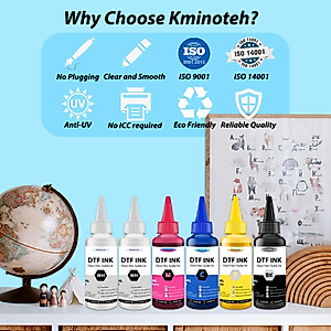 Kminoteh DTF Ink 600ML DTF Transfer Ink for PET Film, Premium Pigment Ink Refill for ET-8550 XP15000 L800 L805 R1800 R2400 Printers, High Fluidity & Coverage (100ML*6, 2W+BKCMY)