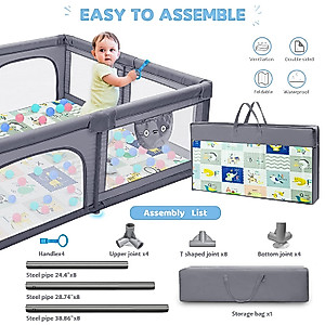 Extra Large Baby Playpen with Mat, playpen with 50 Pit Balls, Shock Absorbing Mat, Anti-Slip Suckers, 81'x65' Baby Play Yard with Gate, Play Pen for Babies and Toddlers Indoor Outdoor (Dark Gray)