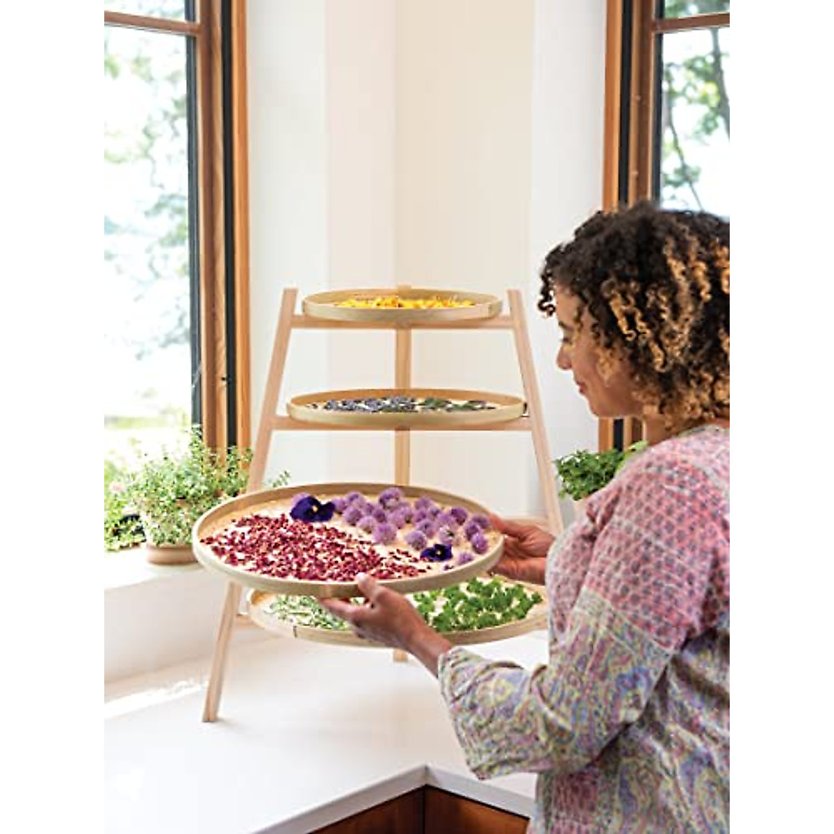 Gardener's Supply Company | Wooden Bamboo Herb Drying Rack | Floor Or Countertop Free Standing 4 Layers | with Removable Bamboo Mesh Trays | 20-1/2" W x 25" H