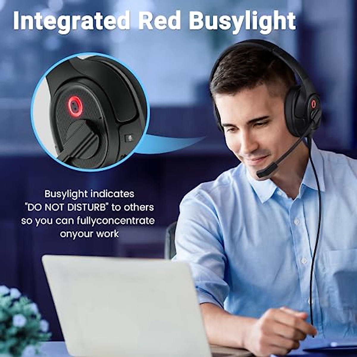 Headset with Microphone for PC, USB Computer Headsets AI-Powered Environmental Noise Cancelling Headphone with Busylight, Mic Mute Boom & Volume Control, Wired Over-Ear Headset for Laptop/Work/Office