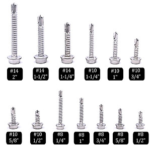 Hilitchi 295 Pieces #8 / #10 / #14 Stainless Hex Washer Head Self Drilling Sheet Metal Tek Screws with Drill Point (1/2'' to 2'' Size Inside Plastic Box)