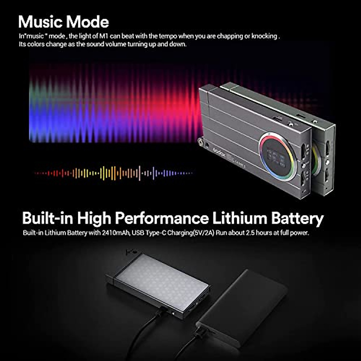 Godox M1 RGB LED Full Color Video Light,Pocket Size RGB Mini Video Light，13W 2500k-8500k Adjustable,CRI97 TLCT97,Music Beats Light Function and 40 FX Lighting Effects with Aluminum Alloy Shell(Gray)