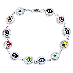 Bling Jewelry Turkish Colorful Multicolor Spiritual Protection Amulet Strand Link Multi Charm Evil Eye Bracelet For Women Teens .925 Sterling Silver 7.5 Inch Made In Turkey