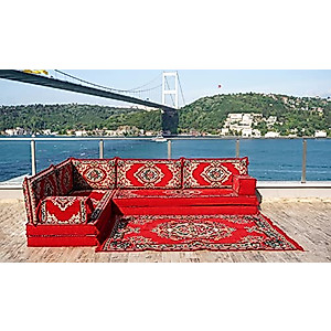 Floral Floor Sofa Seating Set, Arabic Floor Sofa Set, Garden Sofas, Oriental Floor Seating, Floor Cushions, Floor Couches, Arabic Majlis (L Sofa + Rug)