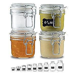Bormioli Rocco Glass Fido Jars - Hermetic Sealed Hinged Airtight Lid for Fermenting, Pantry, Kitchen Storage, Bulk Food Storage Containers, With Paksh Chalkboard Labels (2 Pack) (6 3/4 Ounce (4 Pk))