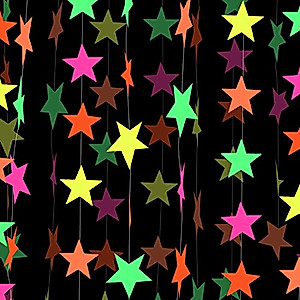 60Ft Neon Paper Garlands Circle Dots Stars Hanging Decorations Neon Party Supplies Set Glow in The Dark Party Supplies for Birthday Wedding Glow Party Decorations