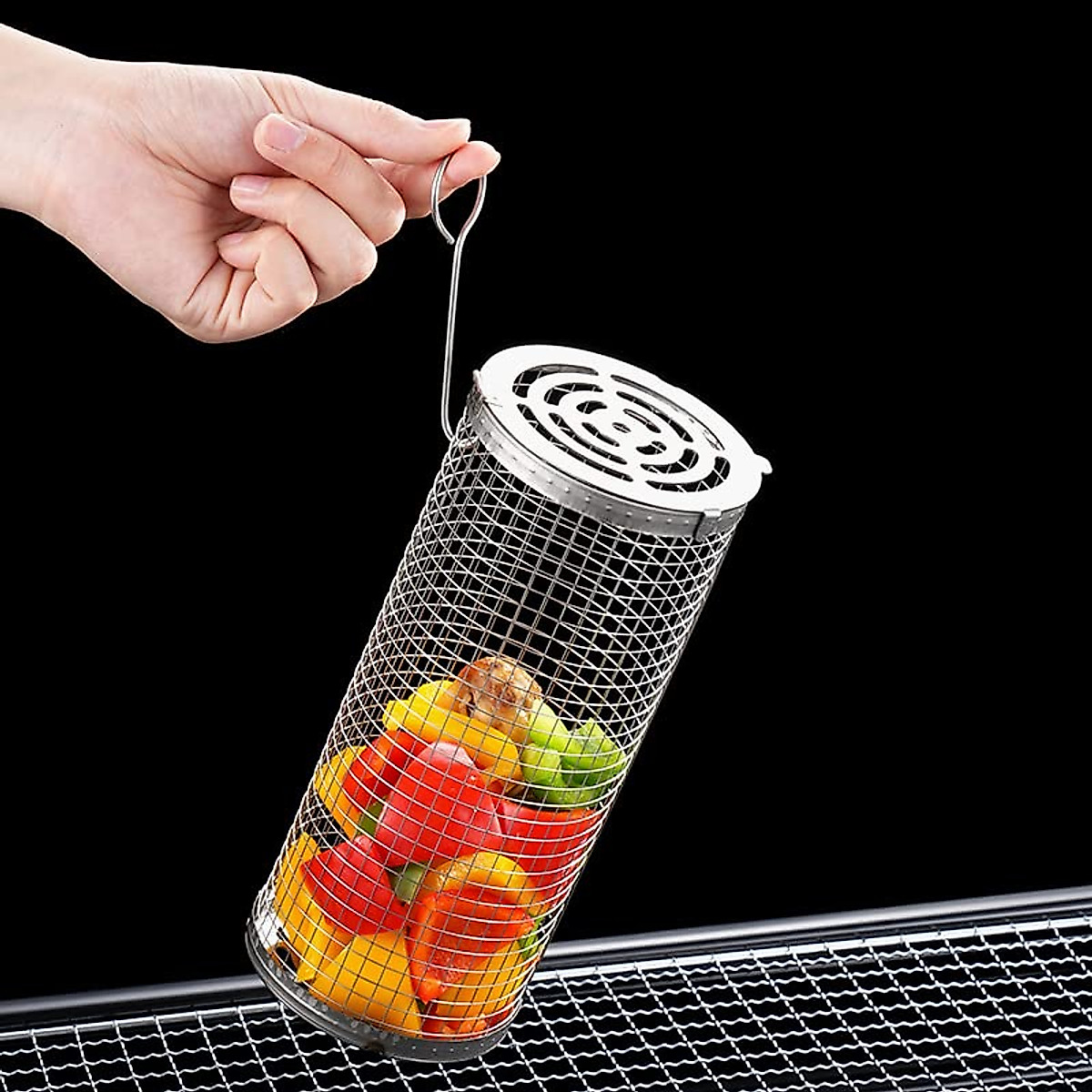 Rolling Grill CART, Stainless Steel BBQ Rolling Grill Basket Round Barbecue Net Tube for Outdoor Camping Picnic, Non-Stick Grill Net Wire Mesh Cylinder for Fish, Vegetables and Meat