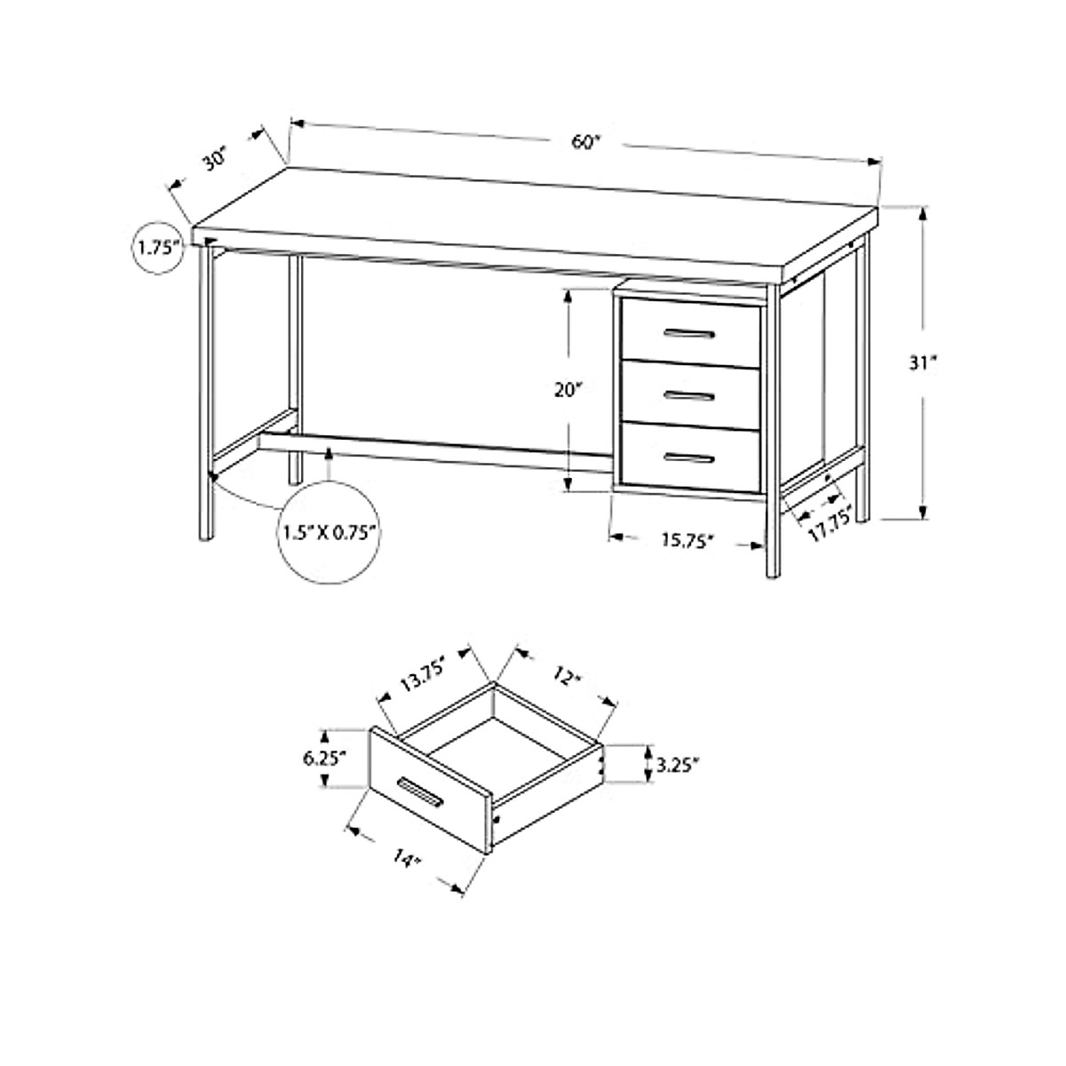 Monarch Specialties Home & Office Computer Desk with Drawers-Metal Frame, 60" L, Black-Grey Top