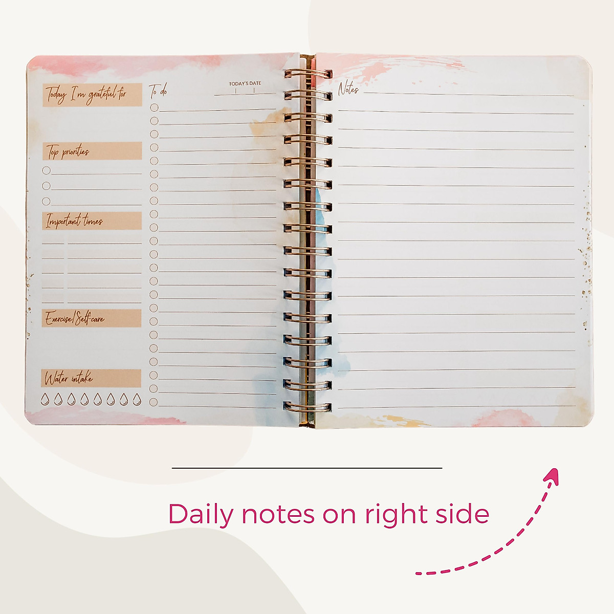 Undated Daily To Do Notebook - Planner Notepad List 6.5x8.5" Cute Colorful Design- Laminated Hard Cover & Rose Gold Spiral Binding- 302 Pages- Daily Task & Lined Notes Pages
