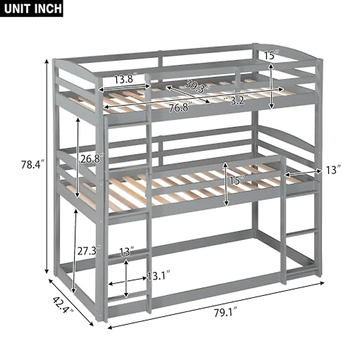 BOVZA Twin Over Twin Over Twin Bunk Bed, Wooden Triple Bunk Bed with Guardrails and Ladders, for Kids and Teens, Gray
