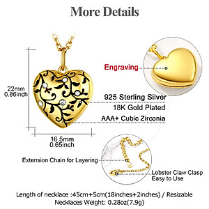 FOCALOOK Heart Locket Necklace, Custom Necklaces for Women Personalized & Engraved Picture Tree Branch Cubic Zirconia Locket with 18" Chain