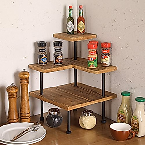 MyGift 3 Tier Rustic Burnt Wood Kitchen Countertop Corner Shelf, Counter Spice and Condiment Storage Display Rack, with Black Industrial Metal Pipe Legs