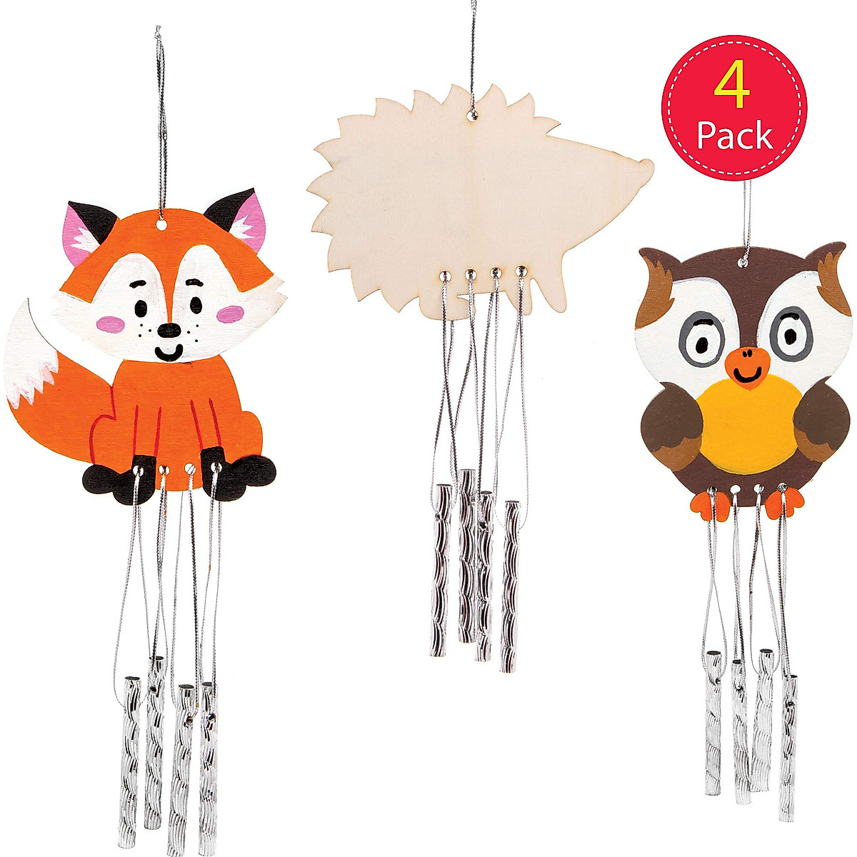 Baker Ross AW877 Woodland Critter Wooden Windchimes - Pack of 4, Musical Chime Kits for Kids Arts and Crafts Projects, Great Indoor or Outdoor or as a Gift for Creative Children