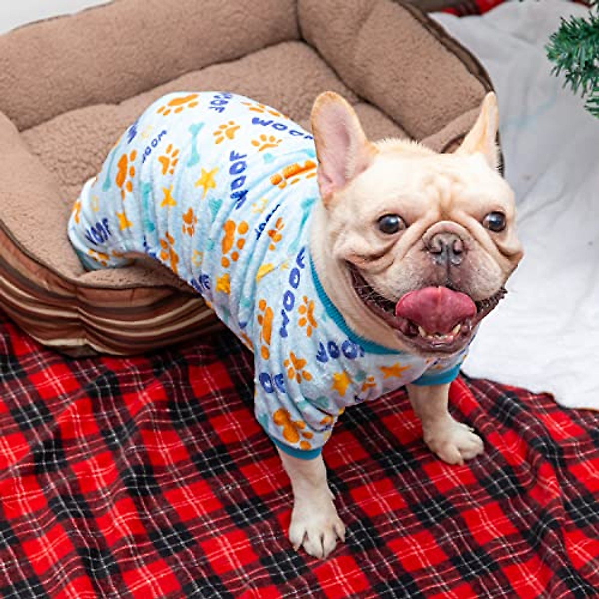 CUSOZWO Dog Pajamas - Soft Fuzzy Velvet Dog Jumpsuit for Small Medium Dogs, Puppy, Cats - Adorable Blue Paw Pattern Onesie Pjs Warm Dog Winter Clothes Dog Apparel for Cold Weather