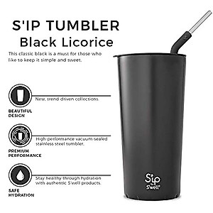 S'ip by S'well Stainless Steel Takeaway Tumbler - 24 Fl Oz - Black Licorice - Double-Layered Vacuum-Insulated Travel Mug Keeps Drinks Cold for 16 Hours and Hot for 4 - BPA-Free Water Bottle