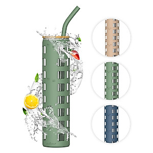 purifyou 32 oz Glass Tumbler with Straw, Bamboo Lid & Protective Silicone Sleeve Glass Tumbler with Volume & Time Markings for Hot & Iced Coffee, Smoothie, Boba Tea (Shale Green)