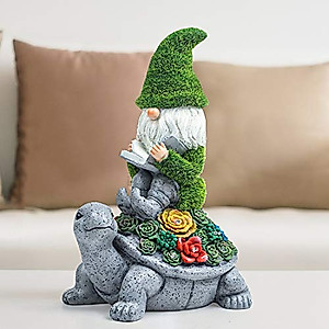 Garden Statue Gnome Cute - Large Outdoor Gnome Statue Sculptures with Solar Lights, Resin Gnome Figurine Sitting on Turtle with Umbrella for Home Patio Yard Lawn Porch Decorations