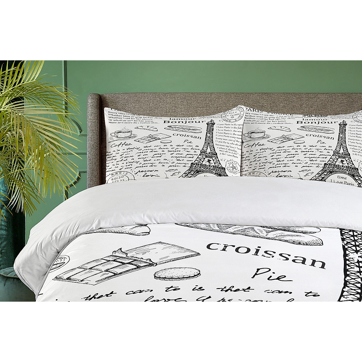 Ambesonne Paris Duvet Cover Set, Traditional Famous Parisian Elements Bonjour Croissan Coffee Eiffel Tower Print, Decorative 3 Piece Bedding Set with 2 Pillow Shams, Queen Size, White Black