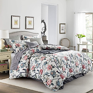 Eikei Cottage Bloom Garden Duvet Cover Set French Country Provincial Chic Floral Birds Bedding Peony Blossom Tree Branches (Muted, King)