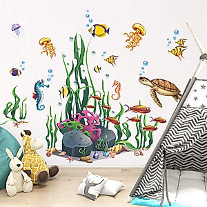 RW-1073 3D Ocean Wall Decals Under The Sea Fish Wall Stickers Ocean Animals Wall Art Decals View Under Sea Removable DIY Stickers for Kids Babys Bedroom Bathroom Living Room Nursery Home Decoration