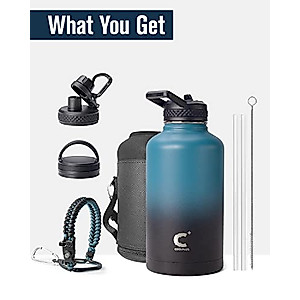 Coolplus 64 oz Insulated Water Bottle with Paracord Handle & 3 Lid, Half Gallon Water Bottle Food-grade Vacuum Large Water Jug Flask, Keep 24H Hot 48H Cold, Leak Proof & BPA-Free,