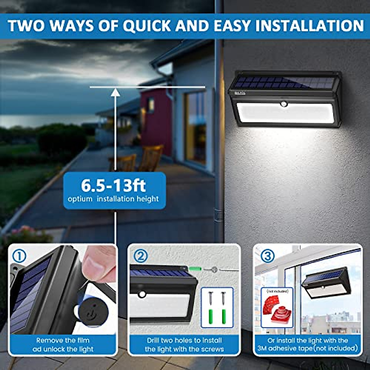 BAXIA TECHNOLOGY Solar Lights Outdoor Waterproof, 100 LED Solar Motion Sensor Lights with Wide Angle Super Bright Security Solar Wall Lights for Garden, Fence, Front Door, Yard, [2 Pack]