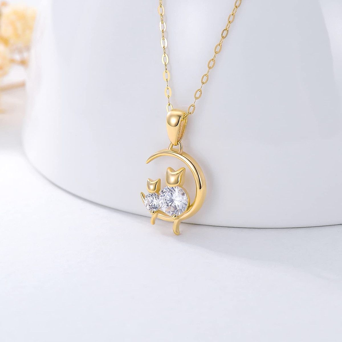 MRENITE Solid 14k Yellow Gold Cat Moon Necklace with Cubic Zirconia Cat Sitting on Crescent Moon Pendant Animal Jewelry Gifts for Women