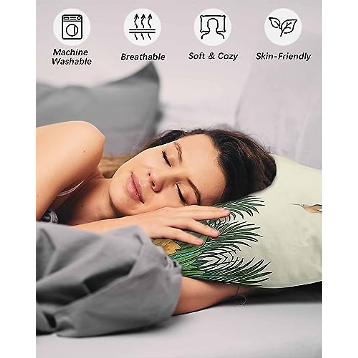 Edwiinsa Summer Tropical Plant Pillow Covers Standard Size Set of 2 20x26 Bed Pillow, Rustic Green Spring Floral Birds Plush Soft Comfort for Hair/Skin Cooling Pillowcases with Envelop Closure